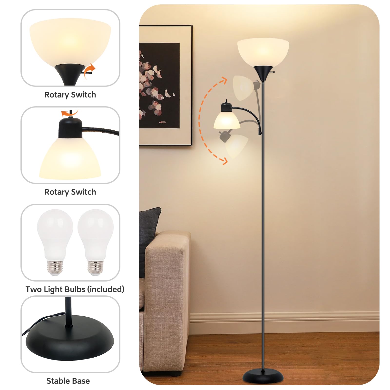 Floor Lamp for Living Room 9W LED Torchiere Floor Lamp with 9W Adjustable Reading Lamp Black 72" Tall Floor Lamps for Bedroom Office Two Independent Rotary switches Including 2 Light Bulbs