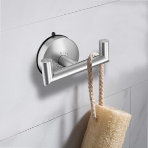 DGYB Double Brushed Nickel Towel Hooks for Bathrooms Set of 2 Heavy Duty Suction Cup Hooks for Shower Stainless Steel Bathroom Towel Holder 15 Lb Suction Shower Hooks for Inside Shower