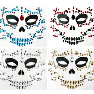 4-Pack Day Of The Death Face Gems,Halloween Temporary Face Tattoos, Rhinestone Face Jewels Stickers