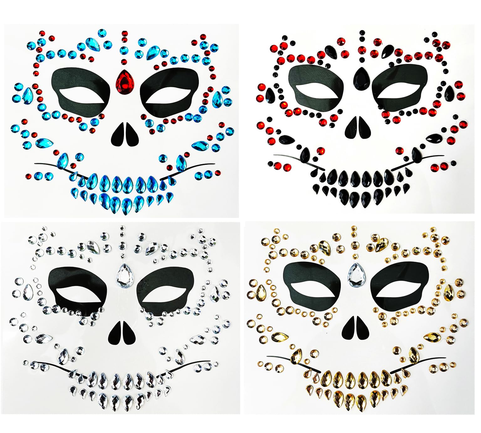 4-Pack Day Of The Death Face Gems,Halloween Temporary Face Tattoos, Rhinestone Face Jewels Stickers