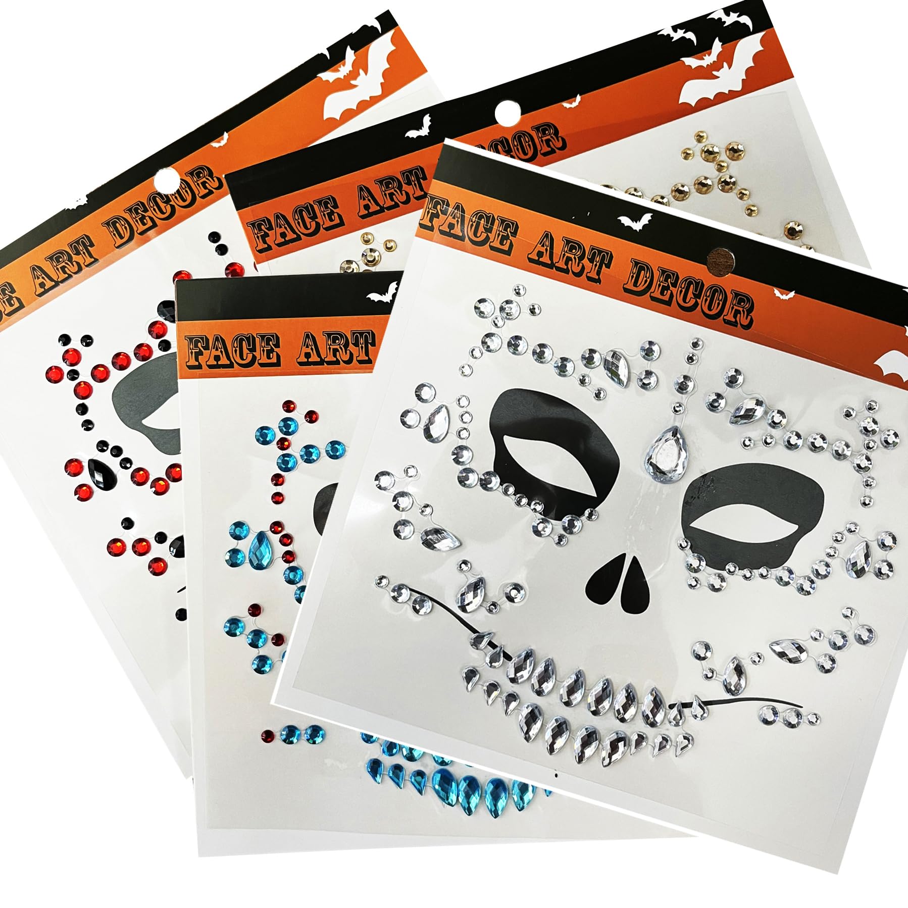 4-Pack Day Of The Death Face Gems,Halloween Temporary Face Tattoos, Rhinestone Face Jewels Stickers