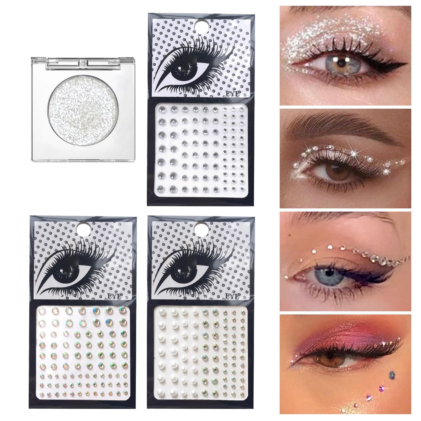 VOTACOS Silver Glitter Eyeshadow & 3Pcs Face Gems Stick on Set, Shimmer Cream Eye Shadow & Hair Jewels Face Rhinestones, Single Eyeshadow Palette & Body Gems Diamonds for Eye Makeup