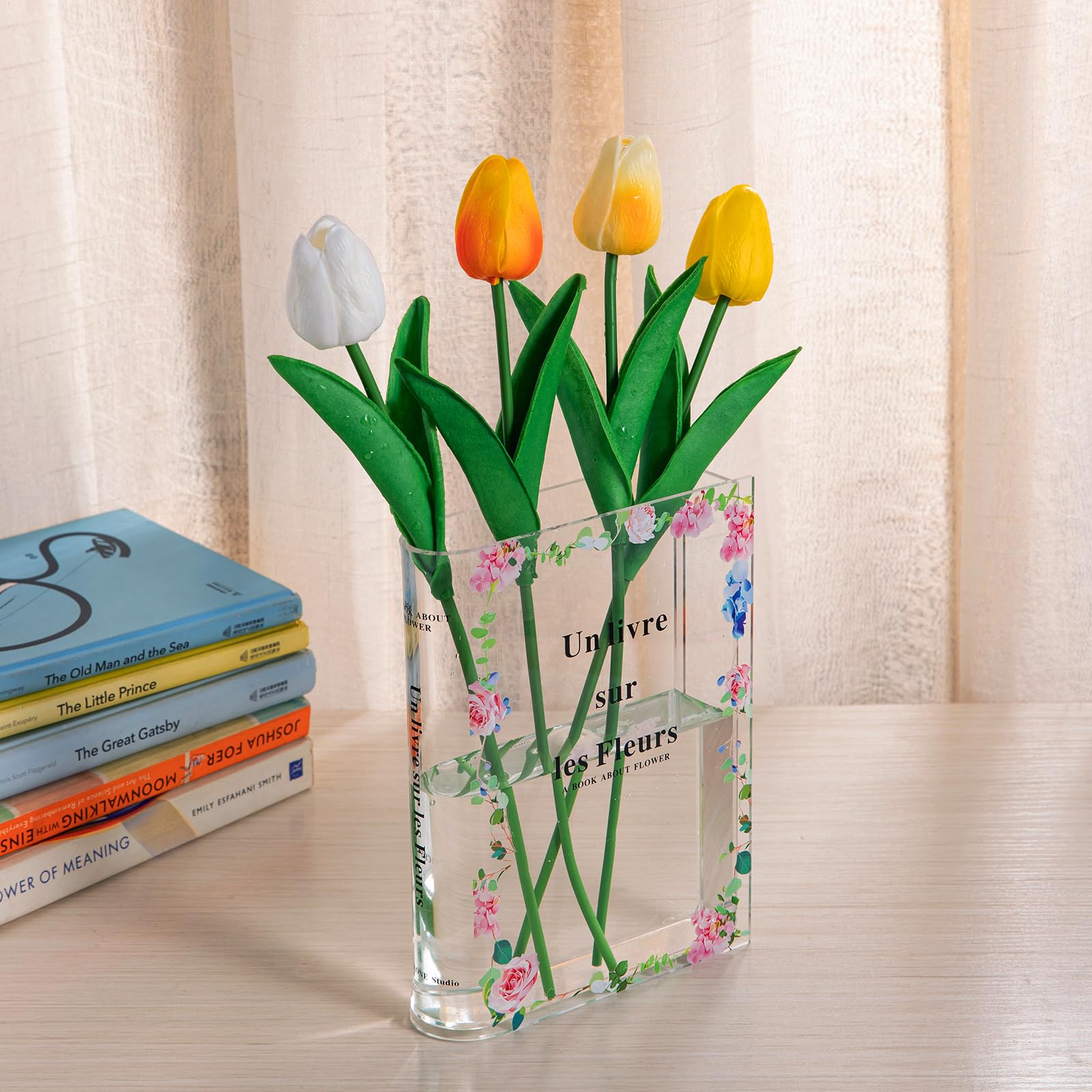 NEUTREHK Book Vase for Flowers,Acrylic Book Vase for Flowers,Clear and Unique Book Flower Vase,for Home,Bedroom,Office,Dining Room Kitchen(Pink)