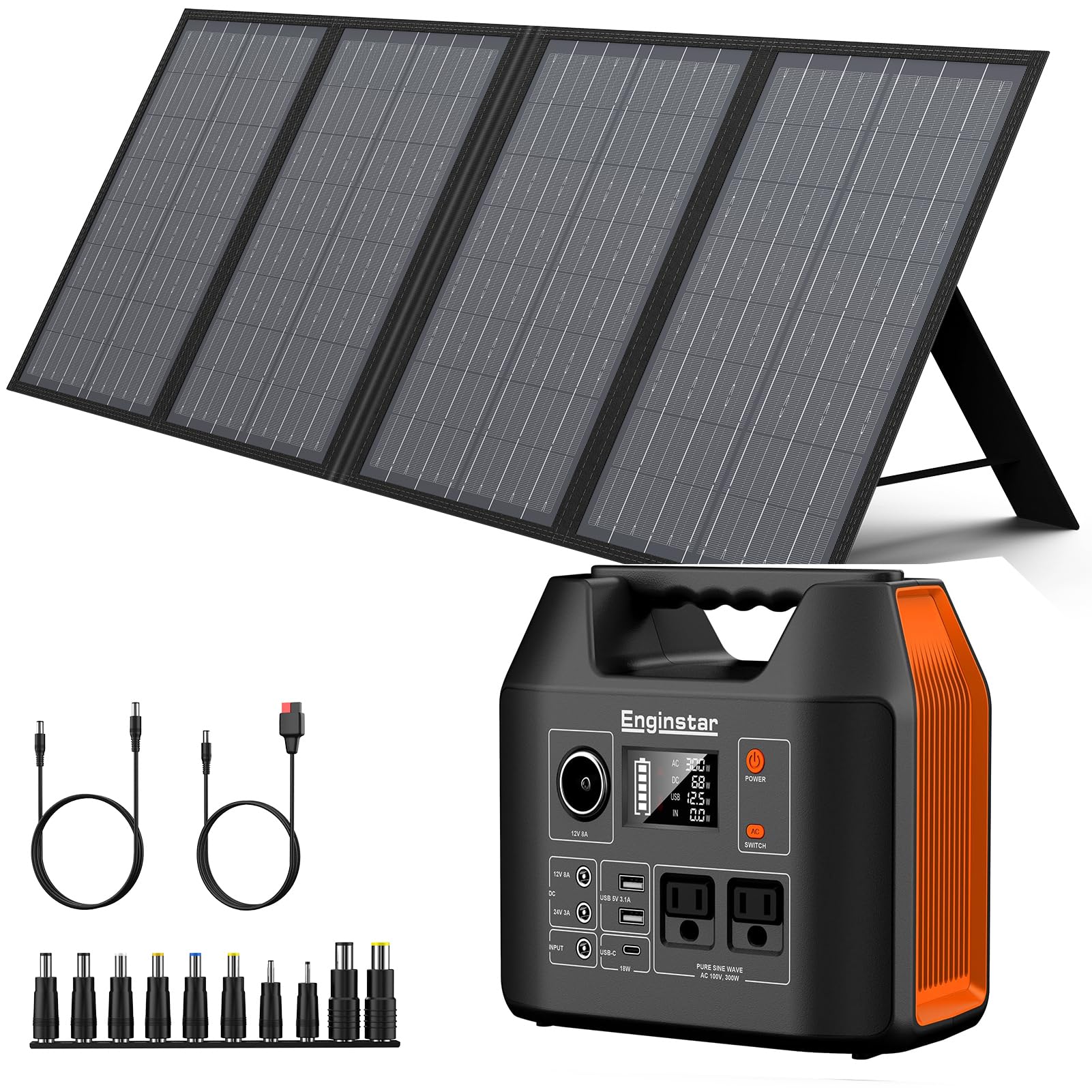 EnginStar Portable Power Station, 300W 296Wh Battery Bank with 110V Pure Sine Wave, 60W Foldable Solar Panel with 18V DC Outlet for Portable Power Stations