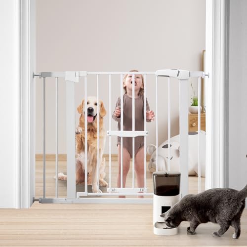 Tiovo Baby Gate with Cat Door Adjustable, 29"-41" Auto Close Safety Dog Gate for Stairs, Doorway, House, Kitchen, Pressure Mounted & Dual-Lock Design Sturdy Pet Gate Pet Supplies, White