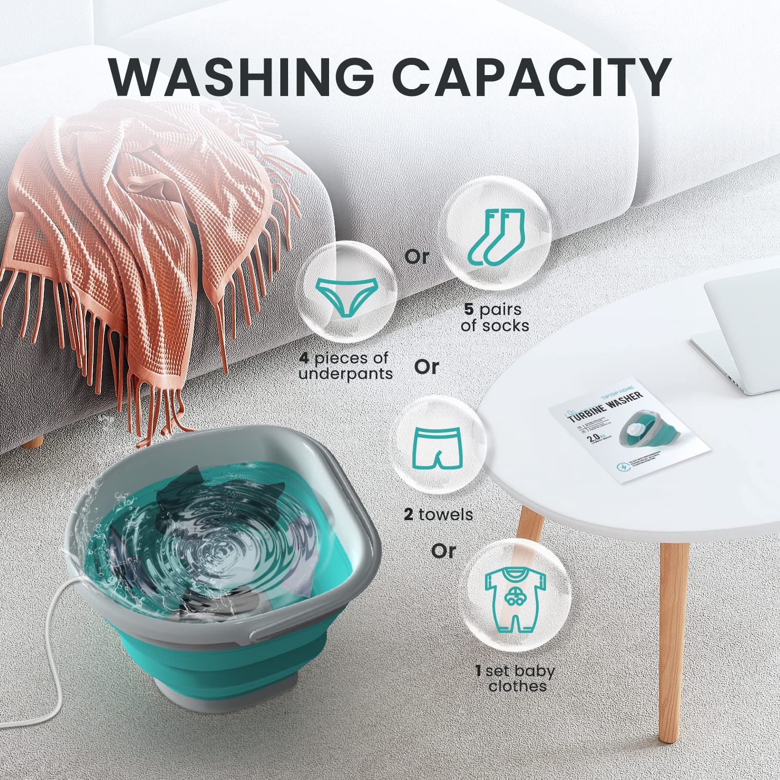 Portable Washing Machine, Mini Washing Machine with 10L Foldable Laundry Bucket,Portable Ultrasonic Turbo Washer by for Socks Underwear, Travel Business Trip or College Rooms