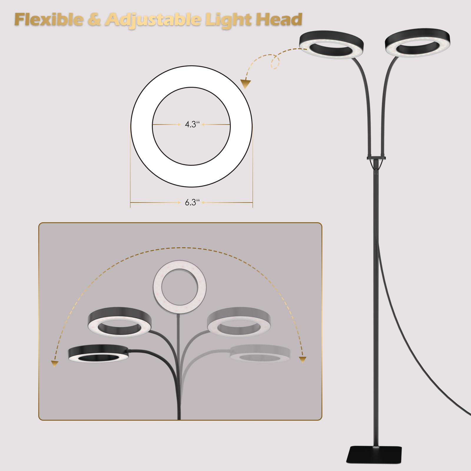 GLOWRIUM Grow Light with Stand,2-Head LED Plant Light for Indoor Plants, Full Spectrum Grow Lamp, 3/9/12H Timer, 6 Dimmable Levels, 3 Lighting Mode, Adjustable Height