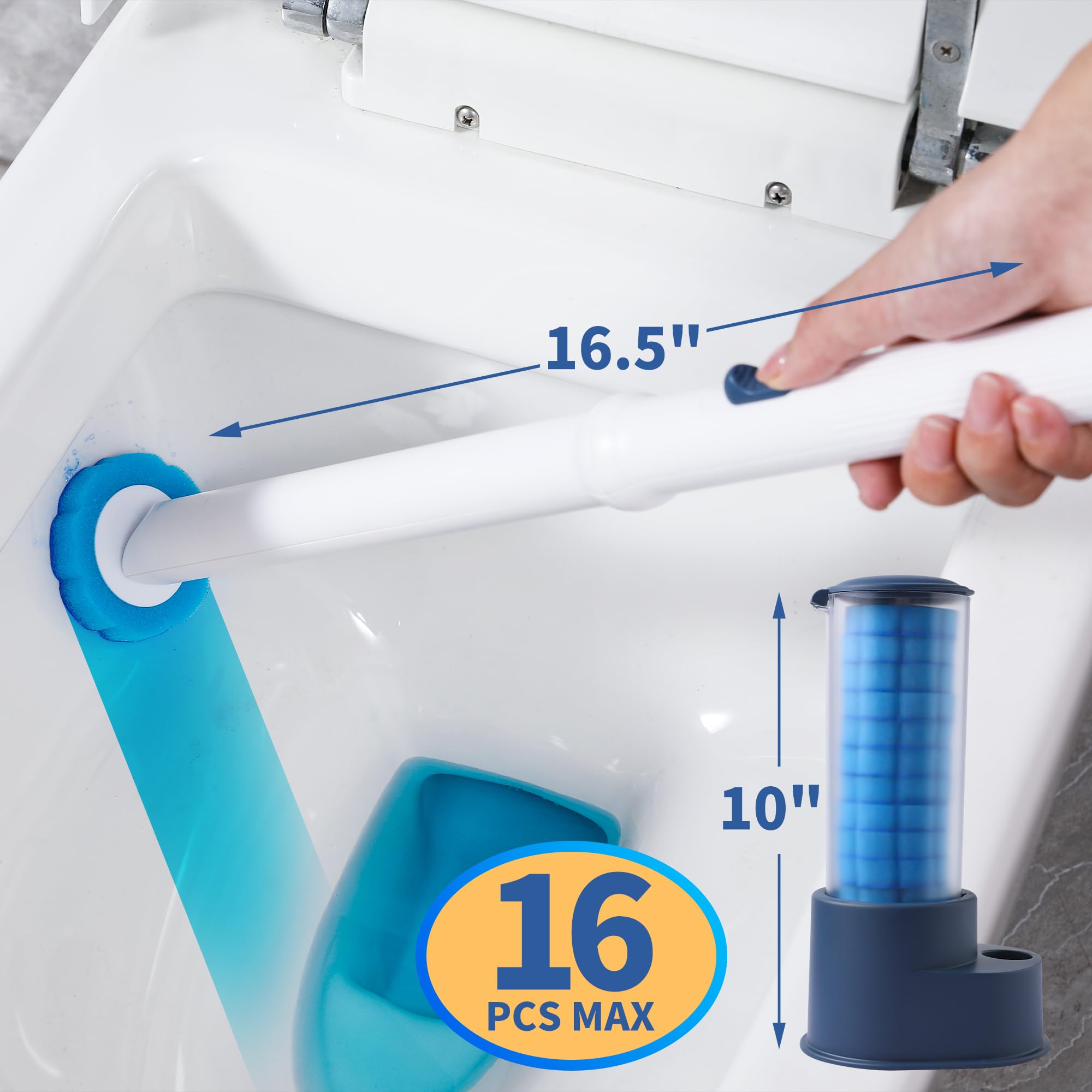 BOOMJOY Disposable Toilet Brush with 42 Refills, Toilet Bowl Cleaner Wand with Holder, Long Handle Bathroom Cleaning Srubber Kit with Storage Caddy