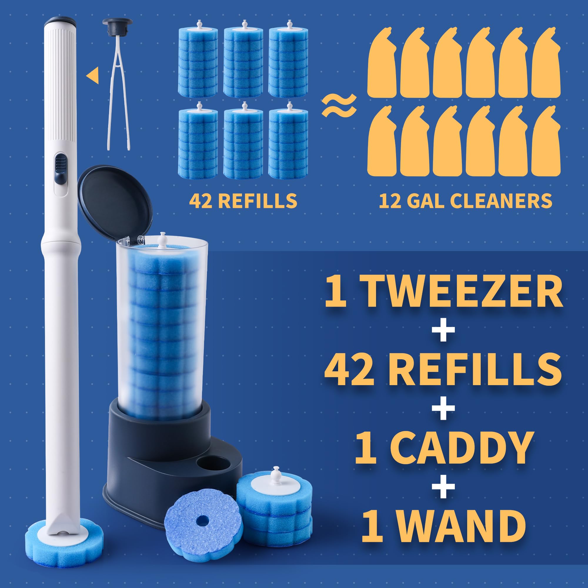 BOOMJOY Disposable Toilet Brush with 42 Refills, Toilet Bowl Cleaner Wand with Holder, Long Handle Bathroom Cleaning Srubber Kit with Storage Caddy