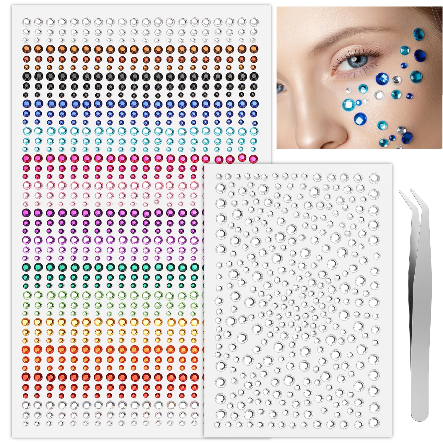 Face Gems Self Adhesive Face Rhinestones for Makeup Festival Face Jewels, Stick On Rhinestones Hair Gems, Rhinestones Stickers for Makeup, Face, Hair, Eye, Nail, Crafts (Colourful)