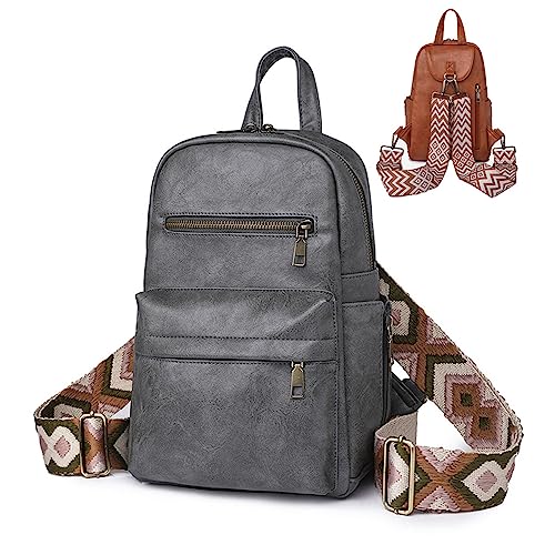 Sling Bag with 2 Guitar Strap for Women Vintage Pu Leather Chest Bag Casual Crossbody Shoulder Daypack for Hiking (grey)