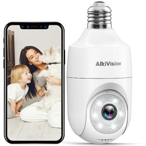 alkivision 2k light bulb security cameras wireless outdoor - 2.4g hz 360° motion detection, for home security outside indoor, full-color night vision, auto tracking, siren alarm, 24/7 recording