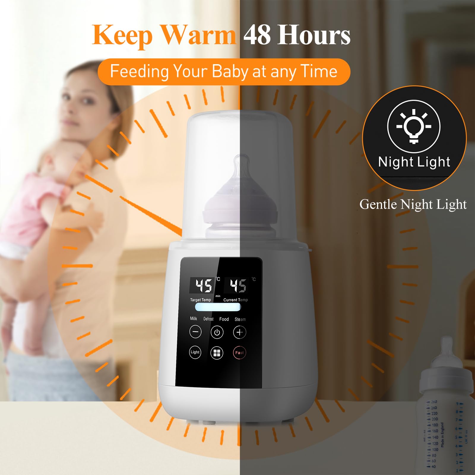 Baby Bottle Warmer, Fast Baby Milk Warmer with Accurate Temperature Control for Breastmilk or Formula, 48H Thermostat, with Defrost, Night Light, Heat Baby Food Jars Function