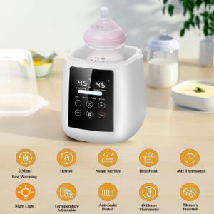 Baby Bottle Warmer, Fast Baby Milk Warmer with Accurate Temperature Control for Breastmilk or Formula, 48H Thermostat, with Defrost, Night Light, Heat Baby Food Jars Function