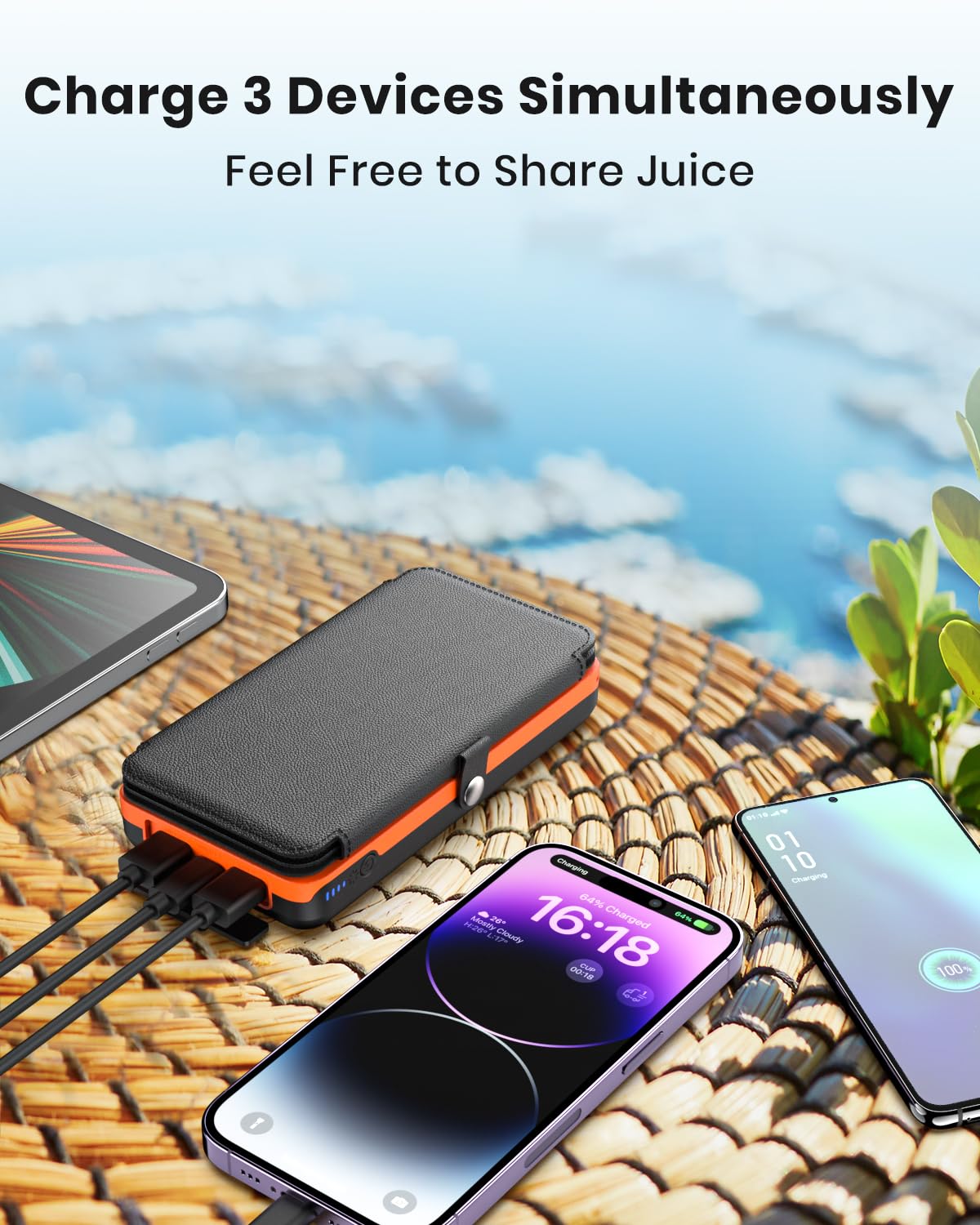 FEELLE Solar Charger 27000mAh, 22.5W Fast Charging Solar Power Bank 4 Solar Panels Portable Phone Charger PD QC 4.0 USB C External Battery Pack for iPhone Samaung iPad Outdoor