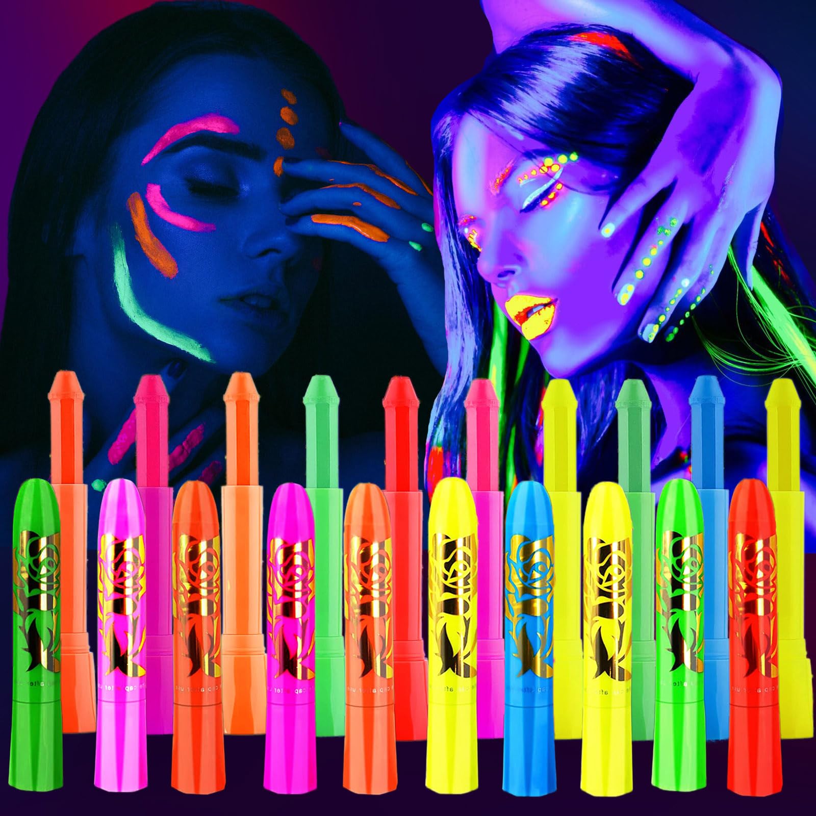 10 Colors Glow in The Black Light Face Paint Crayons Kit, UV Black Light Makeup Neon Face and Body Paint Sticks Markers for Mardi Gras Halloween Masquerades Makeup