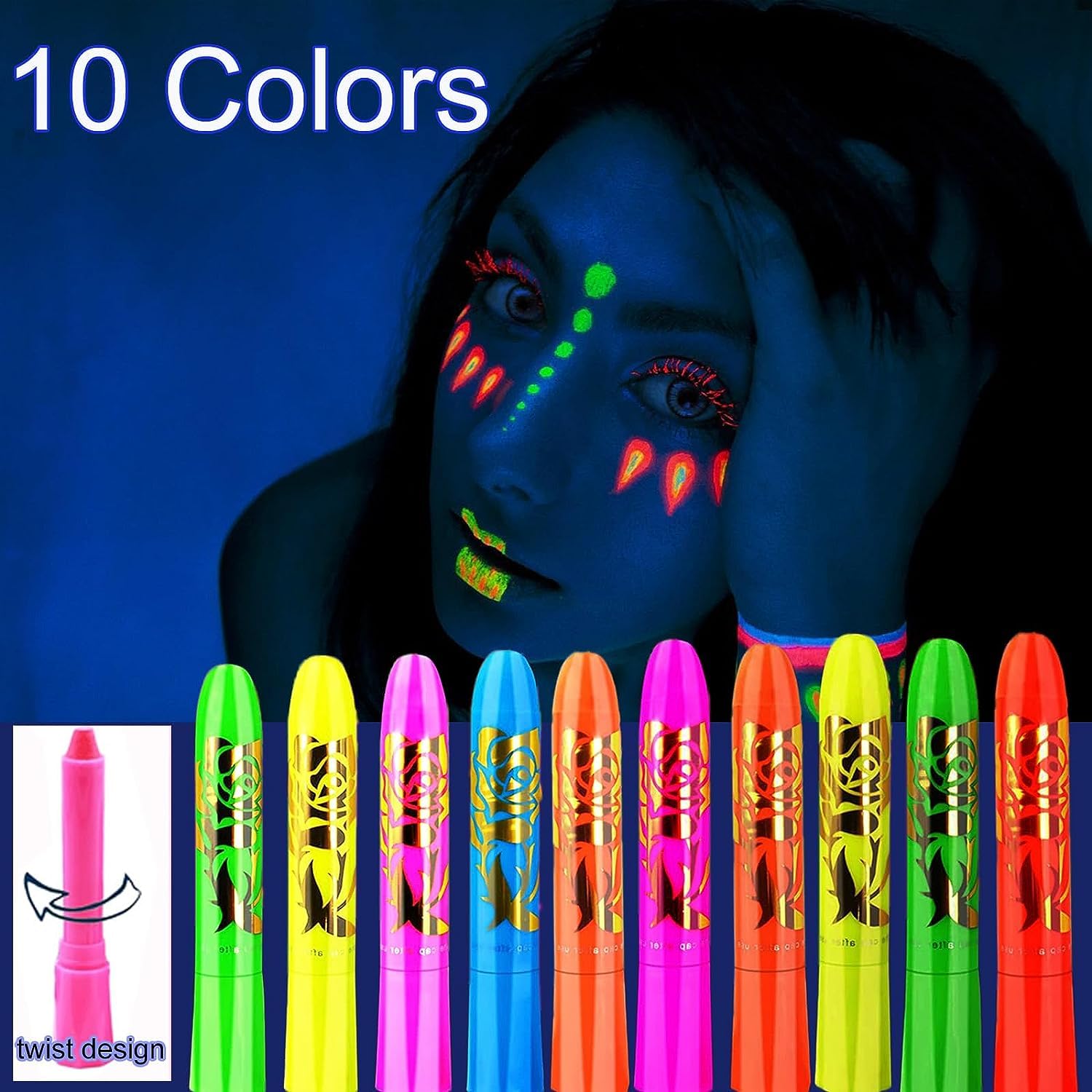 10 Colors Glow in The Black Light Face Paint Crayons Kit, UV Black Light Makeup Neon Face and Body Paint Sticks Markers for Mardi Gras Halloween Masquerades Makeup