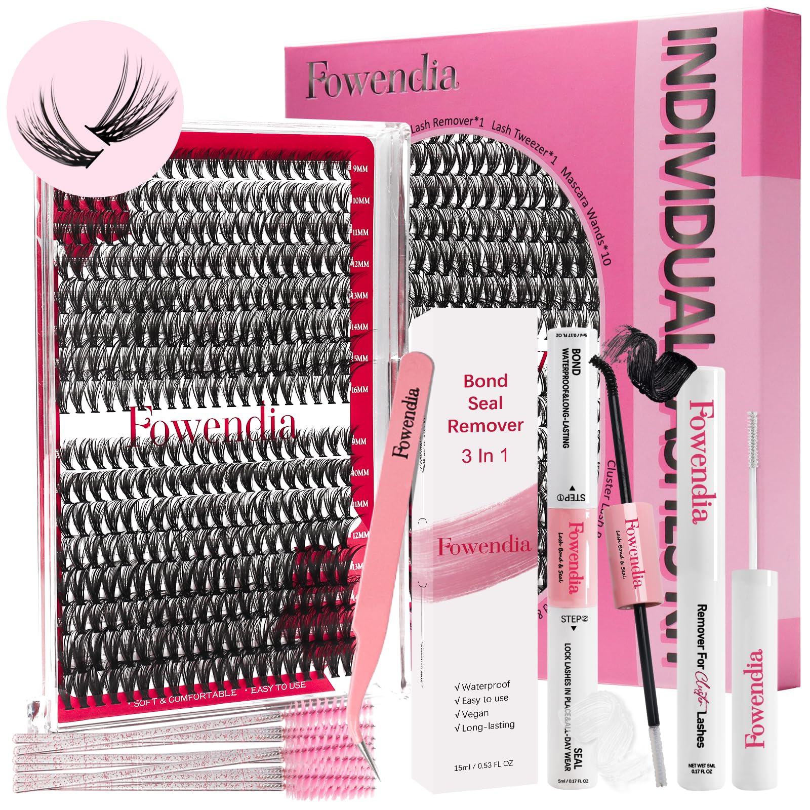 DIY Lash Extension Kit Lash Clusters 320Pcs Fowendia Individual Lashes Cluster Lash Glue Bond and Seal Remover Eyelash Brush with Tweezers for Eyelash Extensions Single Lashes Kit(30D+40D-D-9-16MM)