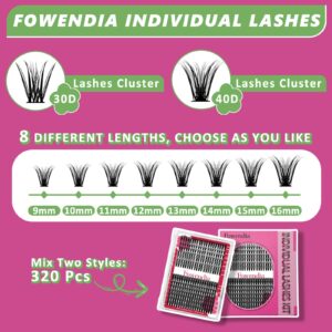 DIY Lash Extension Kit Lash Clusters 320Pcs Fowendia Individual Lashes Cluster Lash Glue Bond and Seal Remover Eyelash Brush with Tweezers for Eyelash Extensions Single Lashes Kit(30D+40D-D-9-16MM)