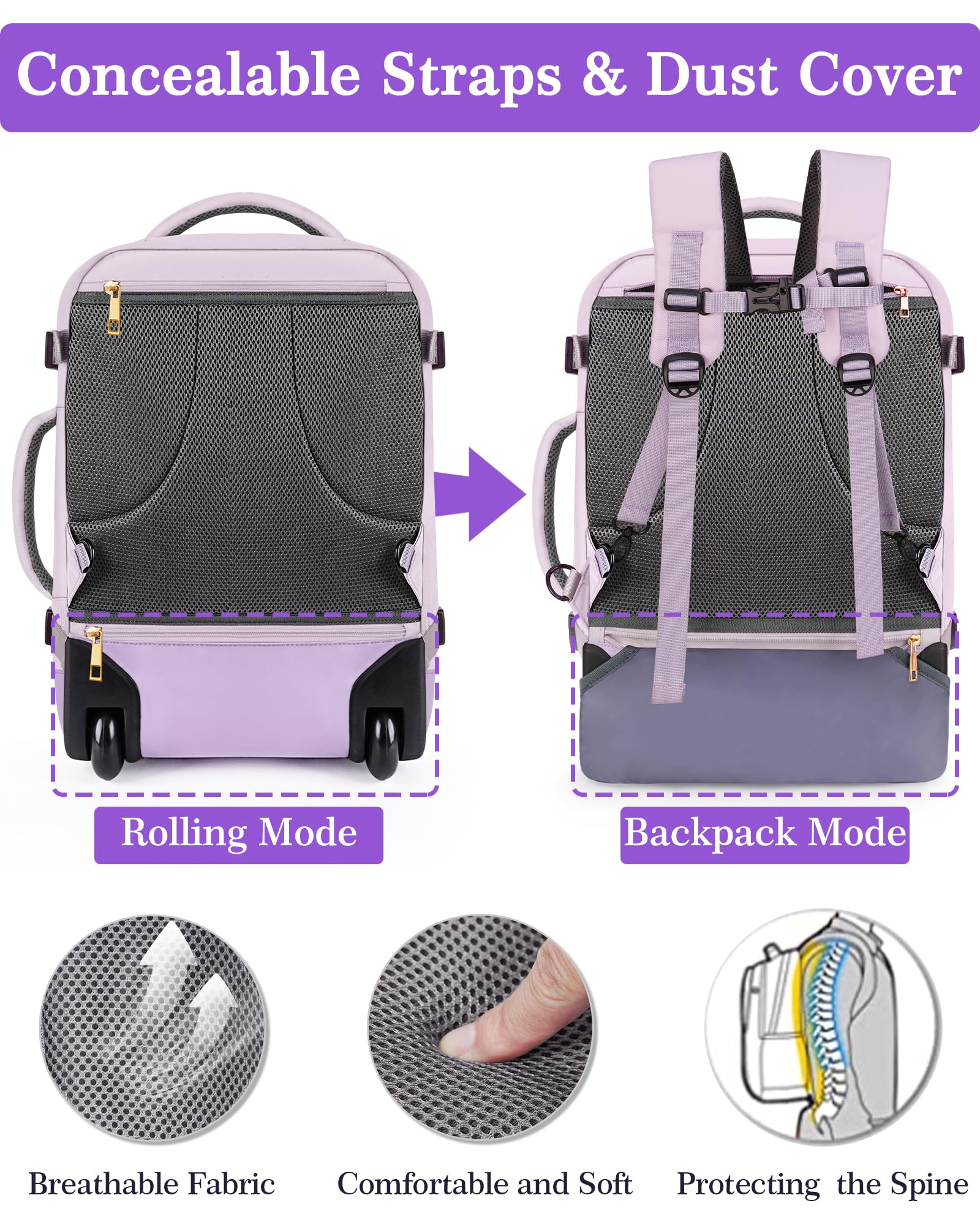 DEEGO Rolling Backpack for Women, 17.3 inch Travel Backpack with Wheels for Adult, Large Wheeled Backpack with Toiletry Bag, College Roller Travel Backpack Carry on Luggage for Work Business, Purple