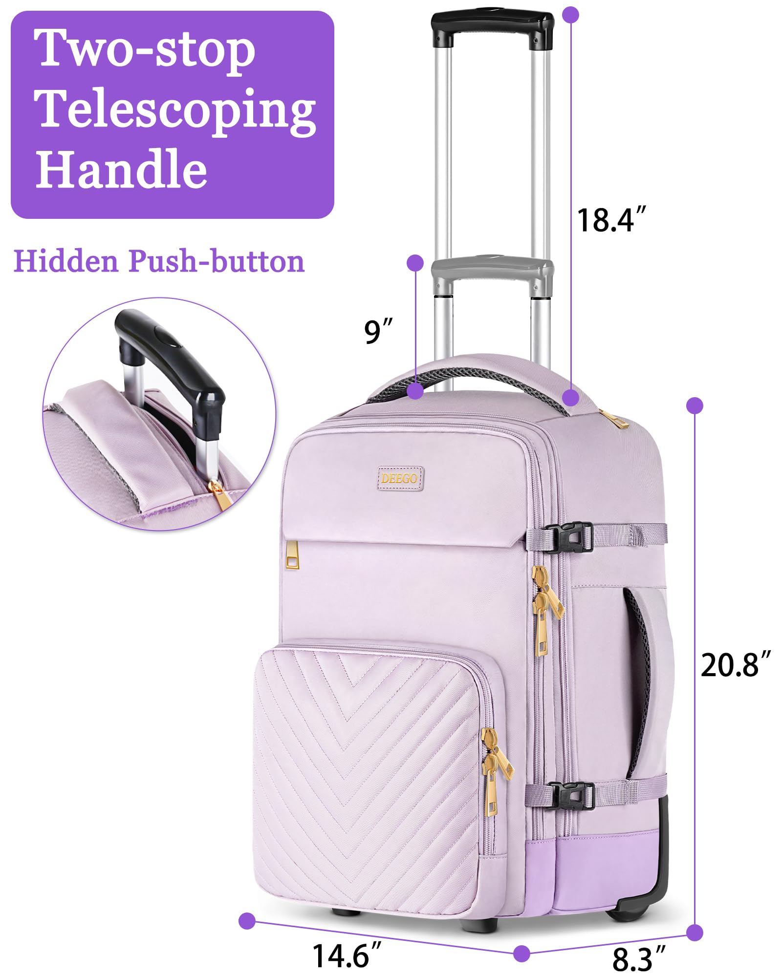 DEEGO Rolling Backpack for Women, 17.3 inch Travel Backpack with Wheels for Adult, Large Wheeled Backpack with Toiletry Bag, College Roller Travel Backpack Carry on Luggage for Work Business, Purple