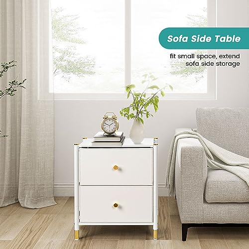 FLYJOE 2 Drawer Nightstands for Bedroom - Small Bedside Dresser with PU Leather Front Bins- Stylish End Table and Night Stand Furniture - Perfect for Closet, Bedroom, White