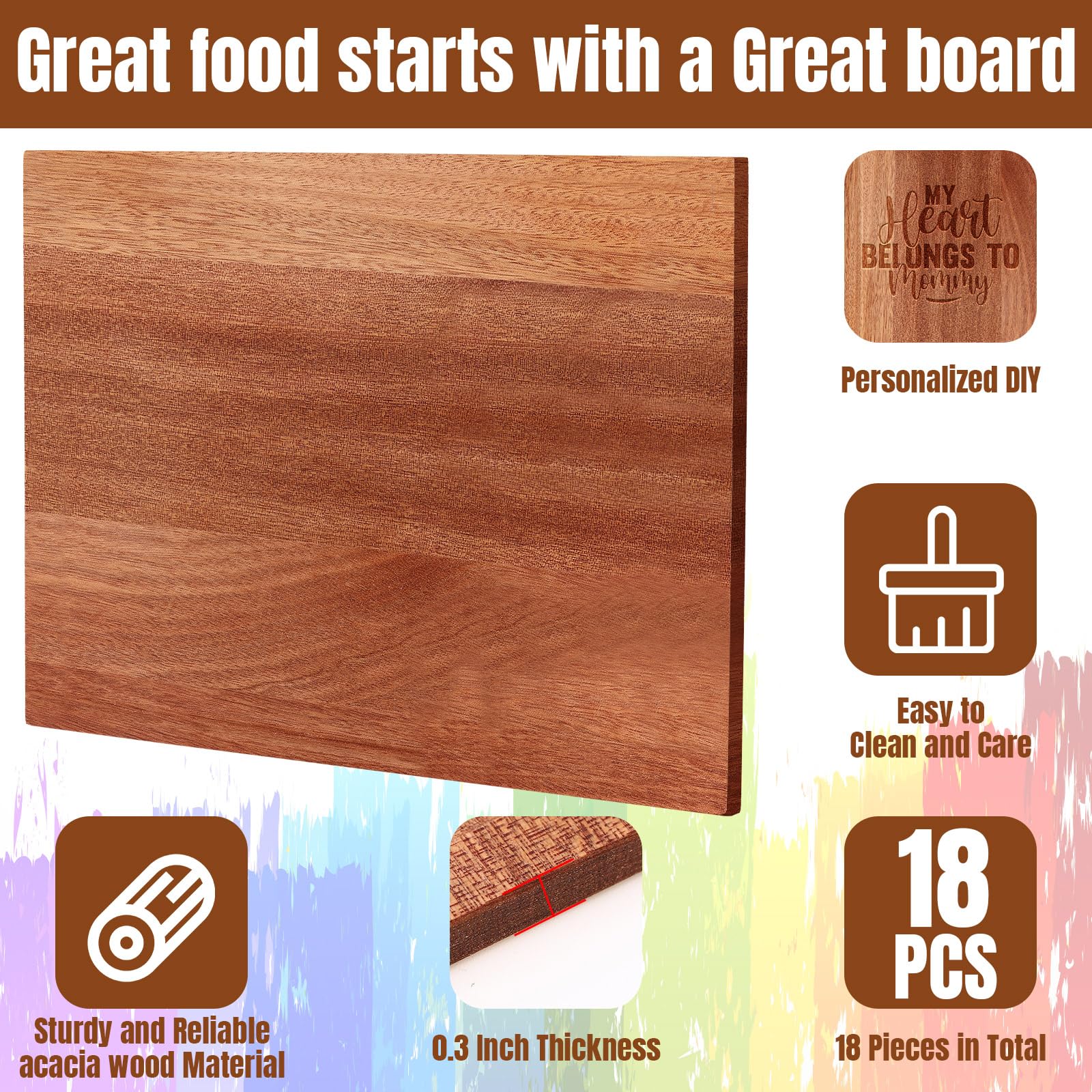 18 Pcs Wood Cutting Board Bulk Kitchen Chopping Boards Large Serving Board Wooden Cutting Board Set for Kitchen Meat Cheese Bread Vegetables (14" x 10",Acacia Wood)