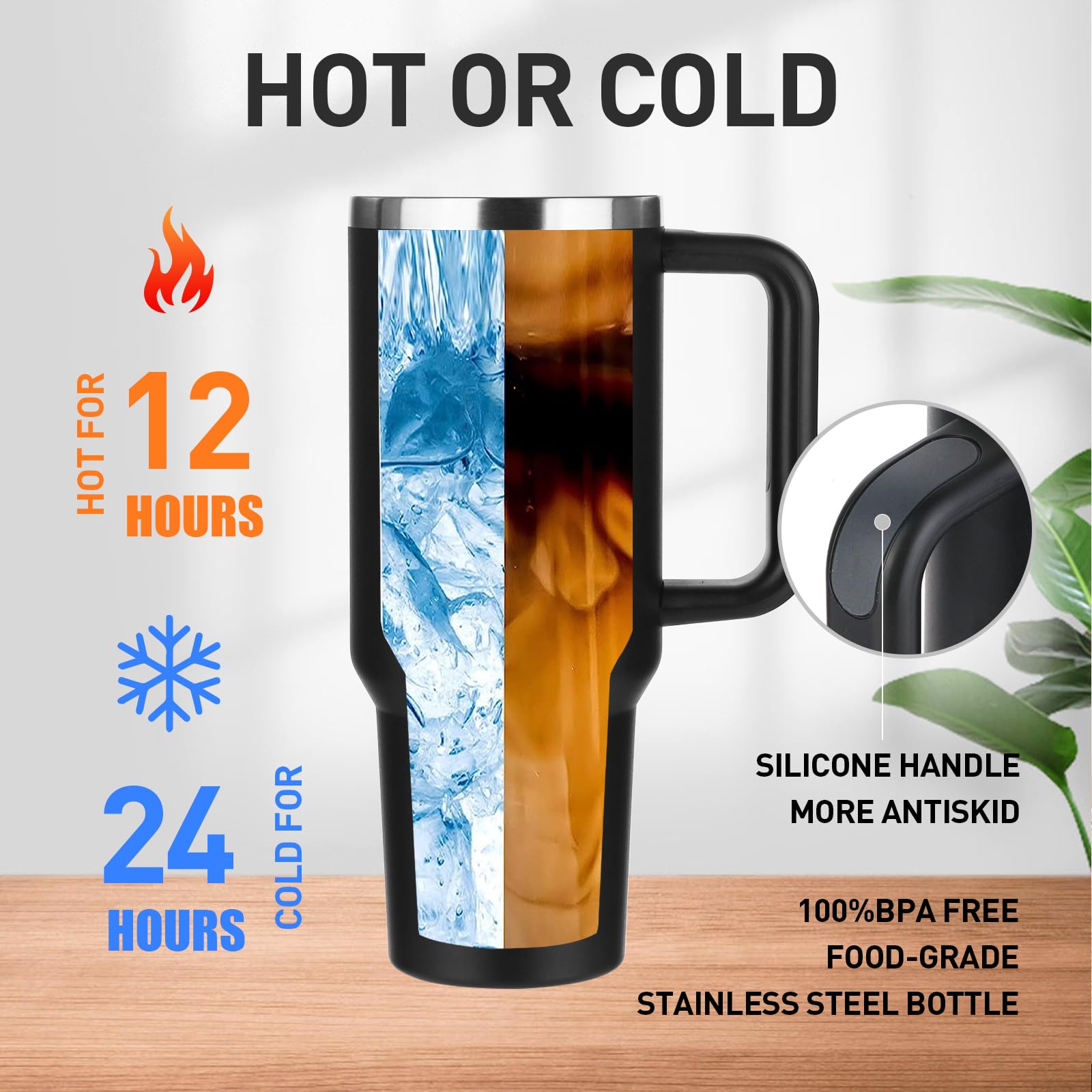 SCORATE 40 oz Tumbler with Handle, Insulated Tumbler with Lid and Straw, Reusable Stainless Steel Vacuum Insulated Water Bottle Travel Coffee Mug Cup Maintains Cold Ice and Heat for Hours (Black)