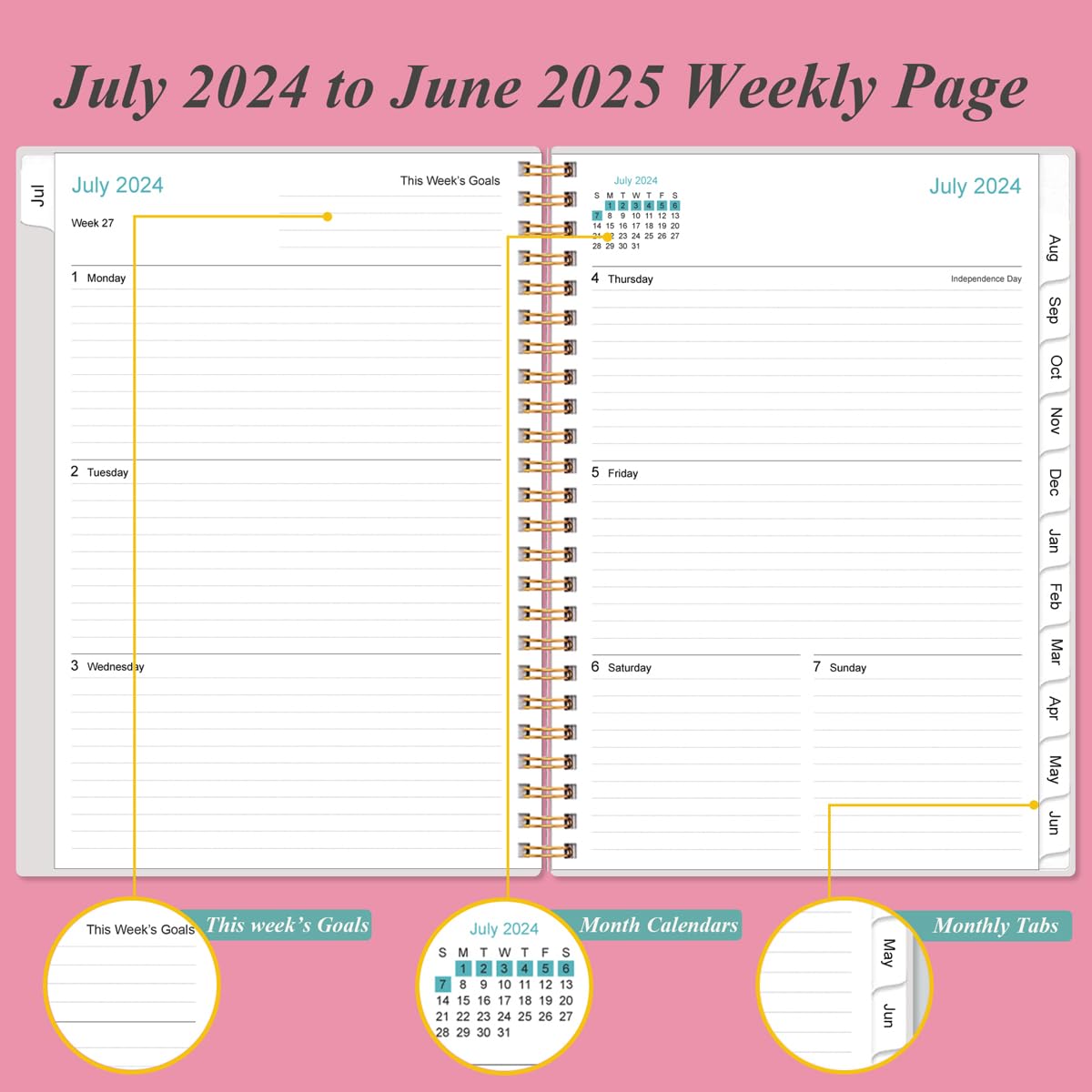 2024-2025 Planner - Weekly & Monthly Planner Spiral Bound, Planner 2024-2025 from July 2024 - June 2025 with Monthly Tabs, Inner Pocke, 6.4" x 8.5", Pink