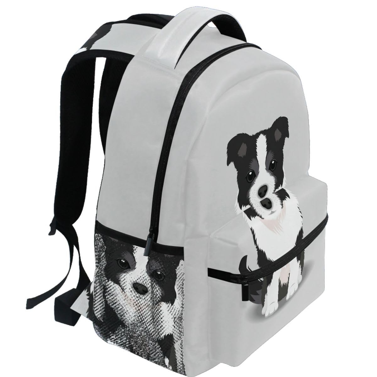 Pfrewn 17 Inch Kids Dog Grey Backpacks for Girls Boys Border Collie Puppy Travel School Backpack for Students School Teens