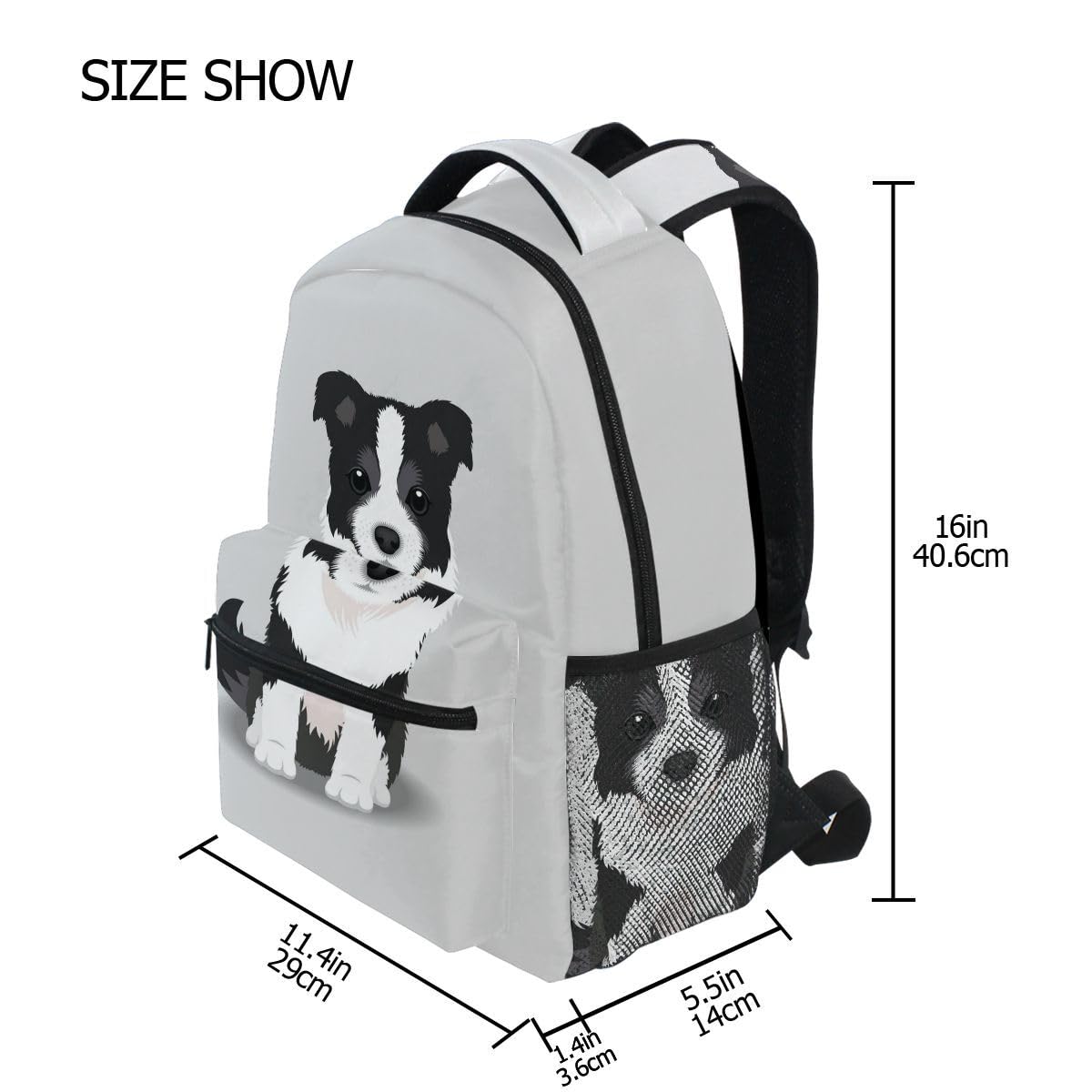 Pfrewn 17 Inch Kids Dog Grey Backpacks for Girls Boys Border Collie Puppy Travel School Backpack for Students School Teens