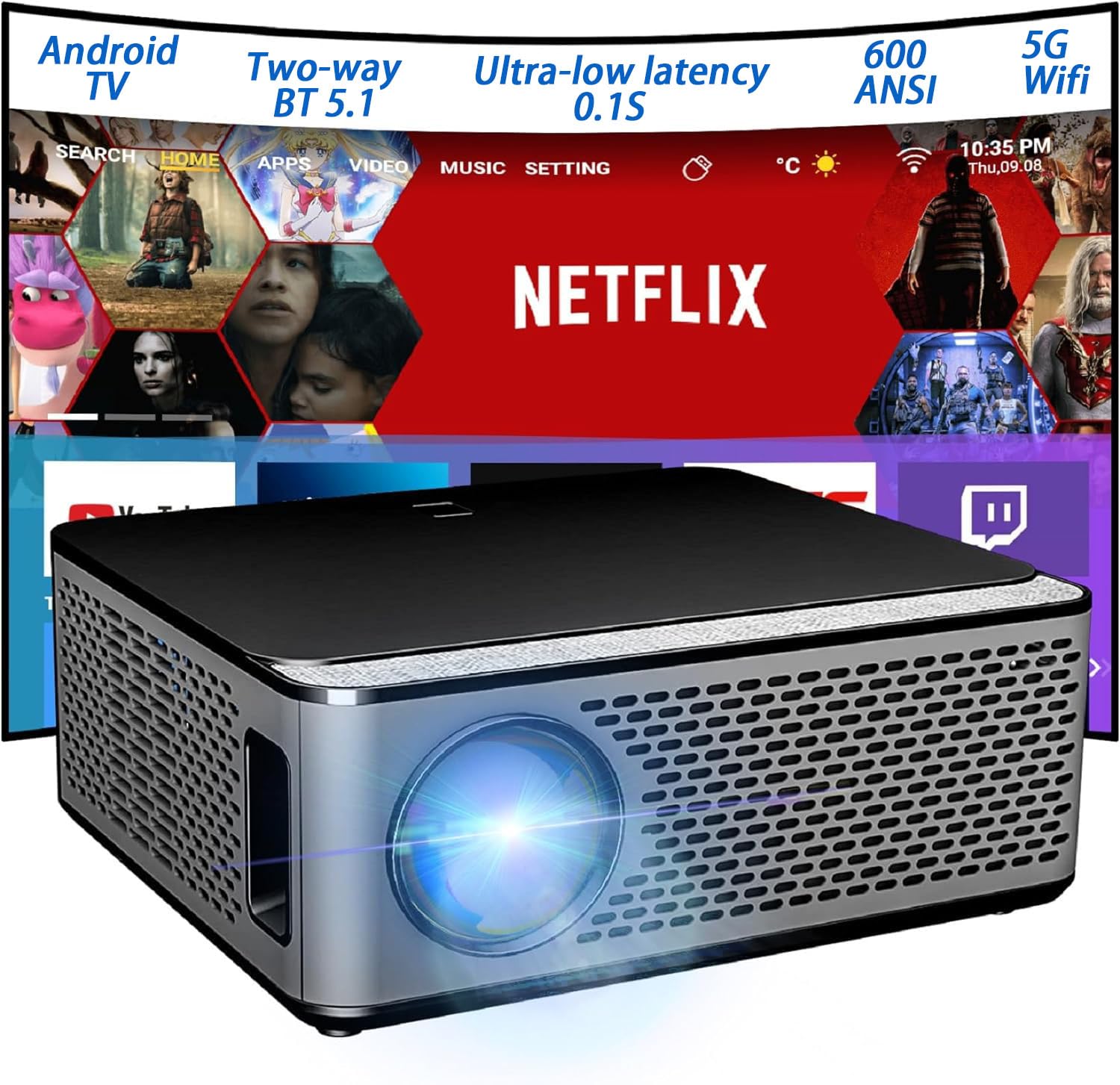 Upgrade 4K Projector with WiFi and Bluetooth, Native 1080P, Ultra-low Latency of 0.1 Seconds, 600 ANSI, Keystone & 50% Zoom, 300" Display, Home Theater, Compatible with iOS/Android/HDMI/Win/PS5/TV