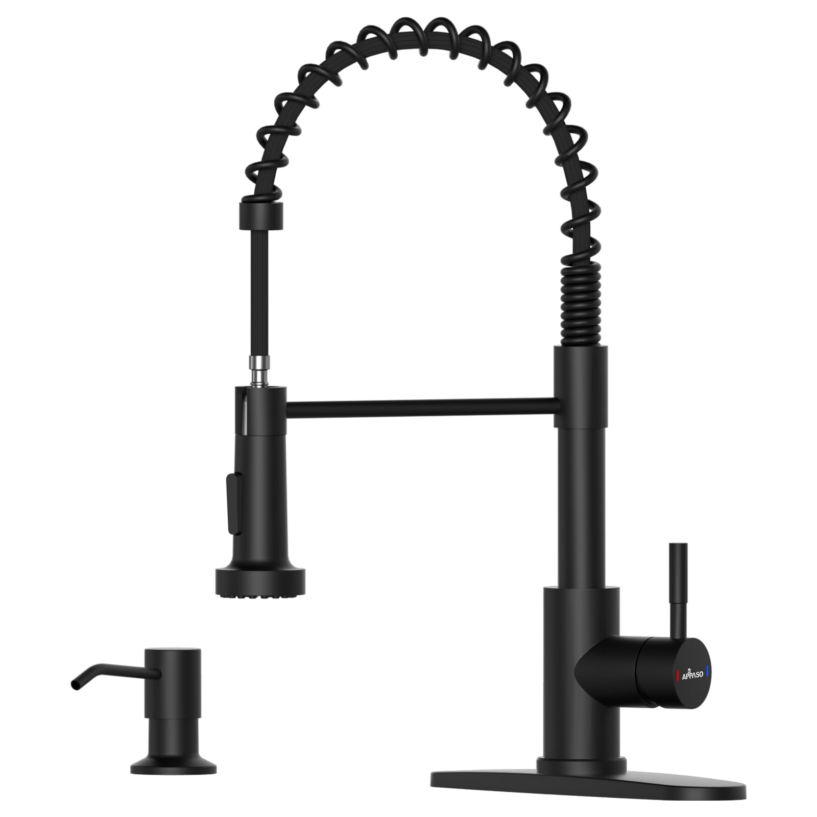 APPASO Black Kitchen Faucet with Soap Dispenser and Pull Down Sprayer, SUS304 Stainless Steel Commercial Single-Handle Spring Faucet for Kitchen Sink, Matte Black