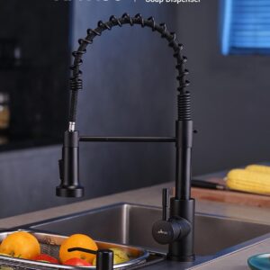 APPASO Black Kitchen Faucet with Soap Dispenser and Pull Down Sprayer, SUS304 Stainless Steel Commercial Single-Handle Spring Faucet for Kitchen Sink, Matte Black