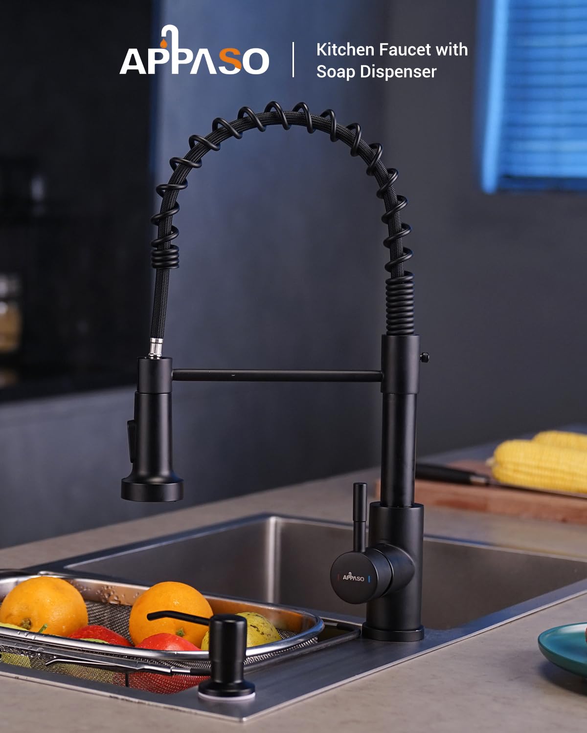 APPASO Black Kitchen Faucet with Soap Dispenser and Pull Down Sprayer, SUS304 Stainless Steel Commercial Single-Handle Spring Faucet for Kitchen Sink, Matte Black