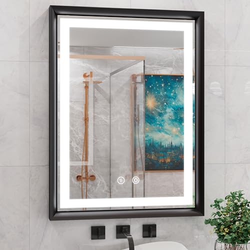 JSneijder LED Bathroom Mirror, 24x32 Inch Black Frame Lighted Bathroom Mirror with Lights, Wall Mounted,Anti-Fog,Stepless Dimmable,CRI90+,Touch Button,Shatterproof(Horizontal/Vertical)