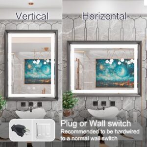 JSneijder LED Bathroom Mirror, 24x32 Inch Black Frame Lighted Bathroom Mirror with Lights, Wall Mounted,Anti-Fog,Stepless Dimmable,CRI90+,Touch Button,Shatterproof(Horizontal/Vertical)