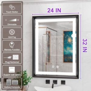 JSneijder LED Bathroom Mirror, 24x32 Inch Black Frame Lighted Bathroom Mirror with Lights, Wall Mounted,Anti-Fog,Stepless Dimmable,CRI90+,Touch Button,Shatterproof(Horizontal/Vertical)