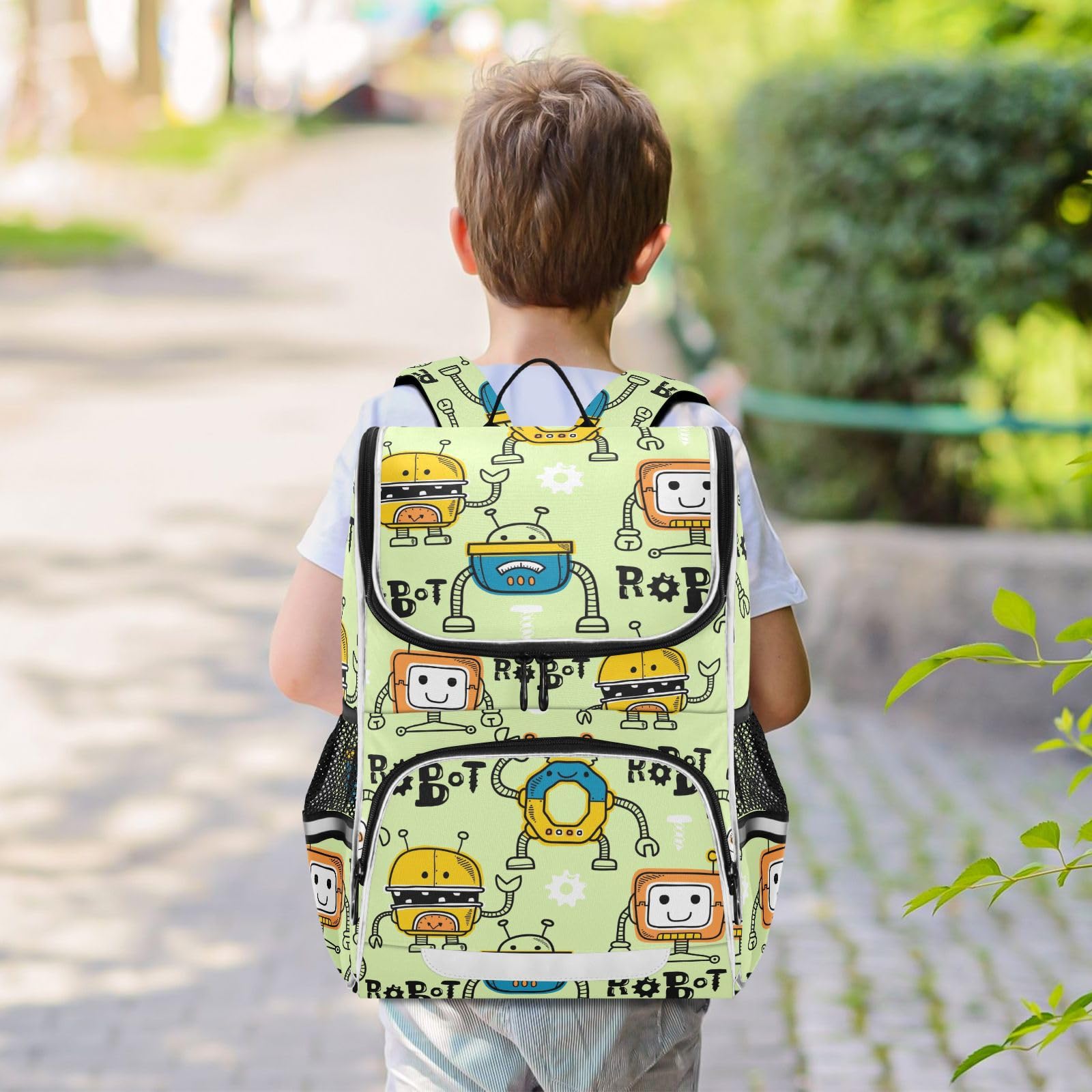 JULYTO Kids Backpack for Boys Girls with Reflective Stripes 17 inch Robots Cartoon Backpack for School Funny Theme School Bag Elementary Student Bookbag Daypack for Travel Hiking