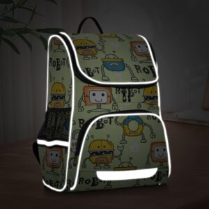 JULYTO Kids Backpack for Boys Girls with Reflective Stripes 17 inch Robots Cartoon Backpack for School Funny Theme School Bag Elementary Student Bookbag Daypack for Travel Hiking