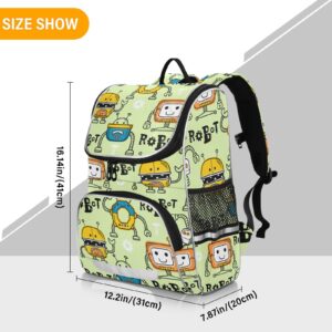 JULYTO Kids Backpack for Boys Girls with Reflective Stripes 17 inch Robots Cartoon Backpack for School Funny Theme School Bag Elementary Student Bookbag Daypack for Travel Hiking