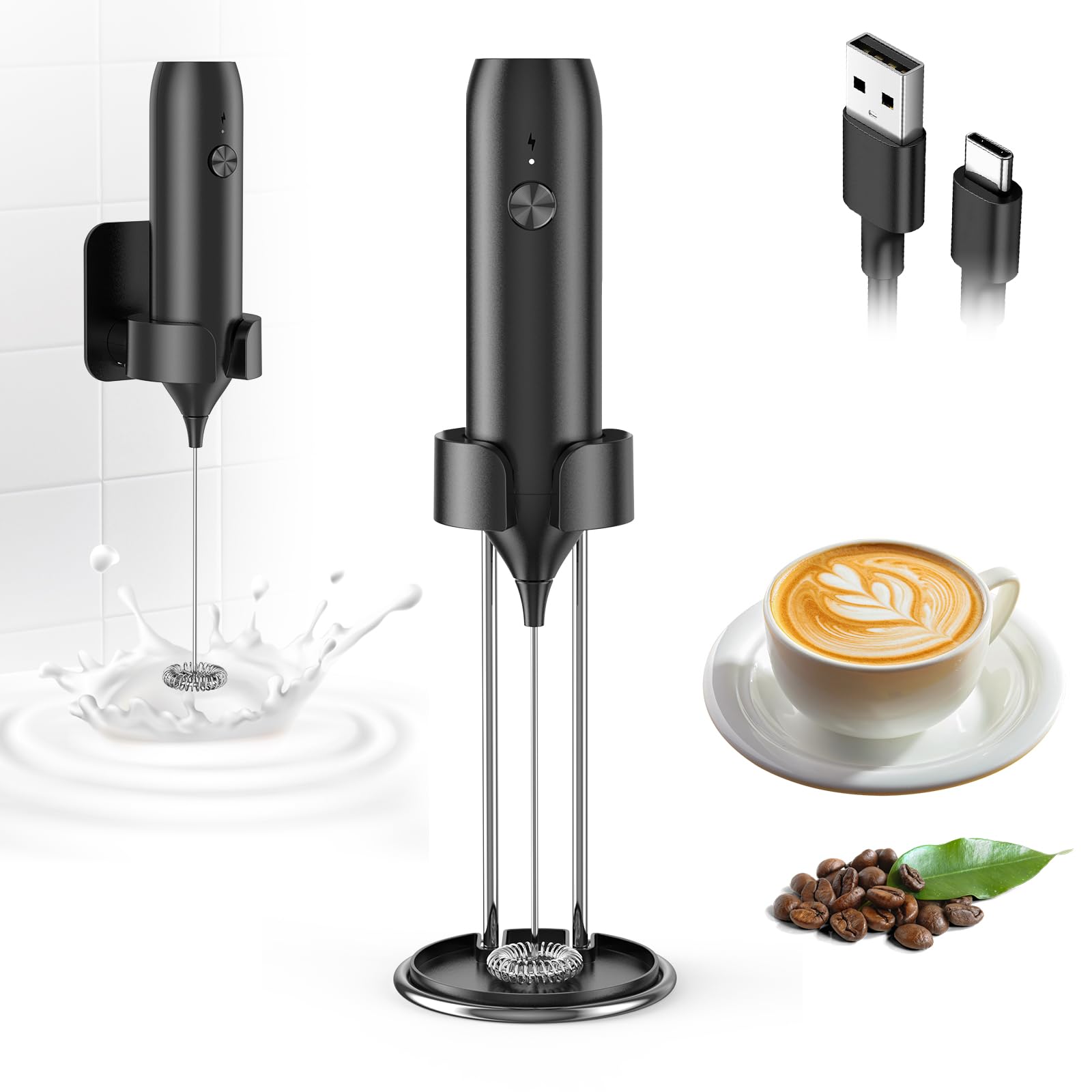 Rechargeable Milk Frother, Coffee Frother Handheld with USB-C Cable, Milk Frother Handheld for Coffee, Latte, Cappuccino, Matcha, Macchiato, Frappe, Hot Chocolate-Black