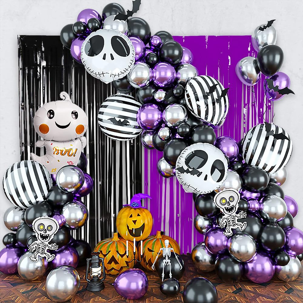 AIBIIN 87pcs Halloween Balloon Garland Arch Kit Halloween Party Balloons Halloween Balloons Decorations Purple Black Foil Fringe Curtain Halloween Spooky Birthday Baby Shower Backdrop Balloon Kit