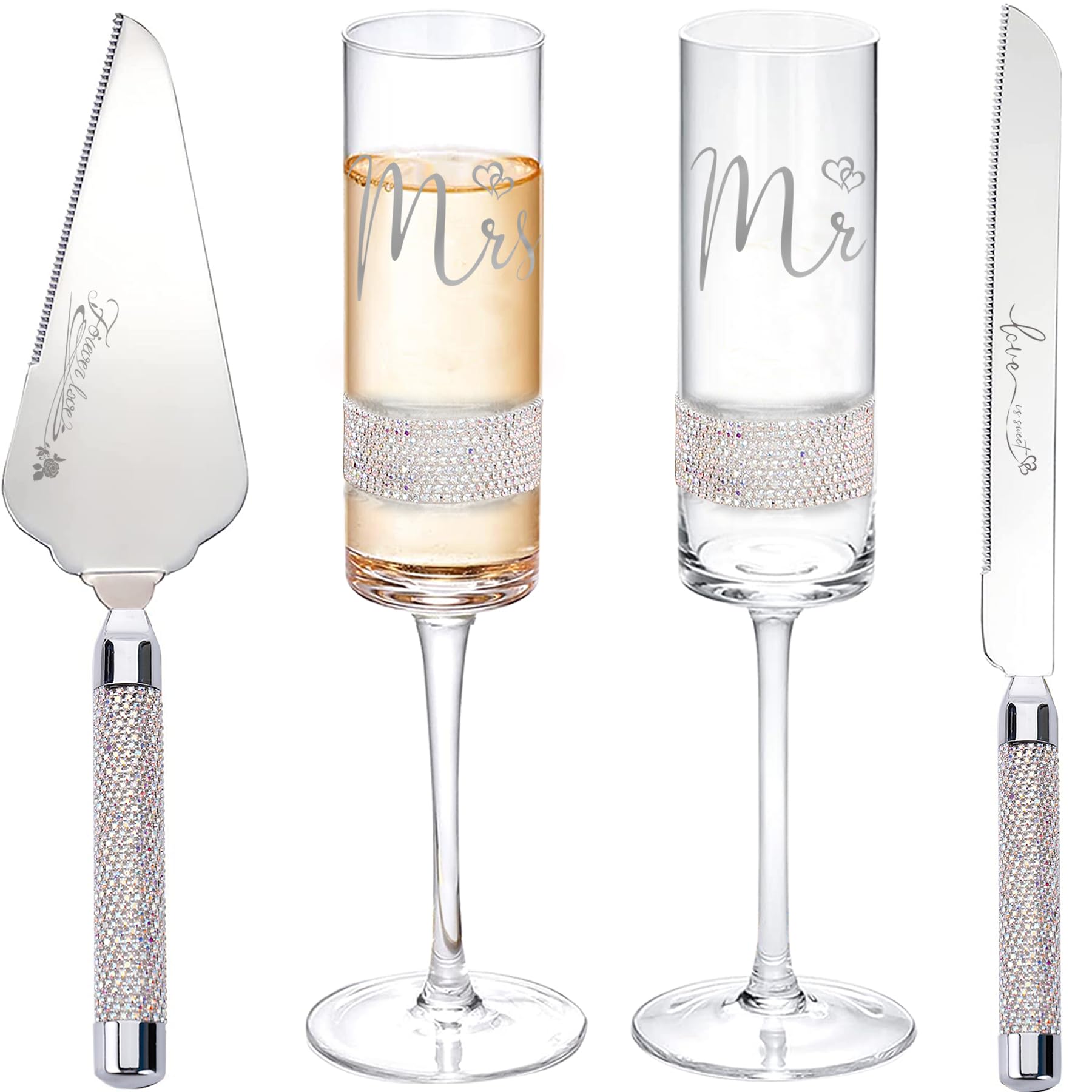 VARLKA Wedding Cake Knife and Server Set, 8oz Crystal Mr and Mrs Champagne Flutes, Wedding Glasses for Bride and Groom, Cake Cutting Set for Wedding, Engagement Gifts