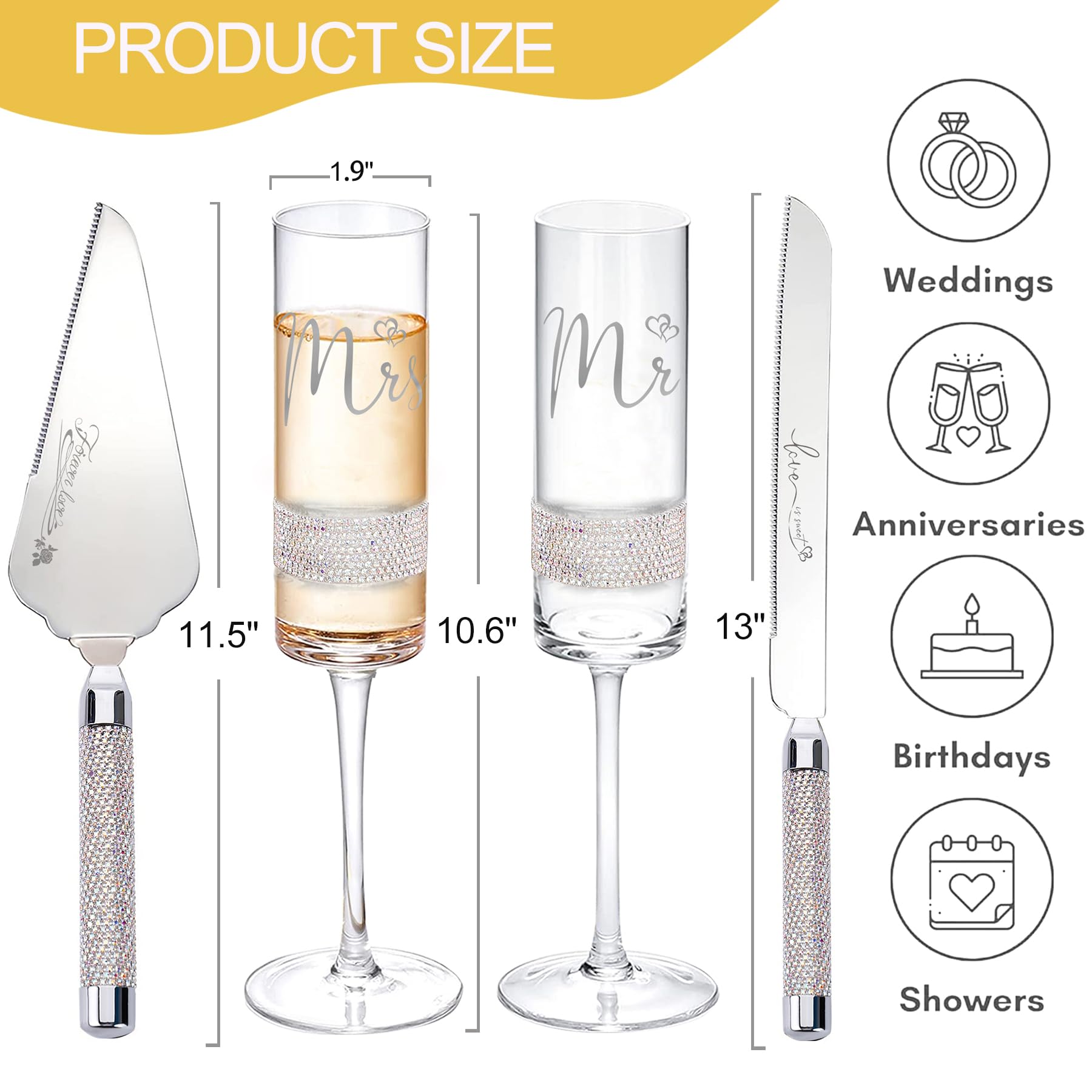 VARLKA Wedding Cake Knife and Server Set, 8oz Crystal Mr and Mrs Champagne Flutes, Wedding Glasses for Bride and Groom, Cake Cutting Set for Wedding, Engagement Gifts