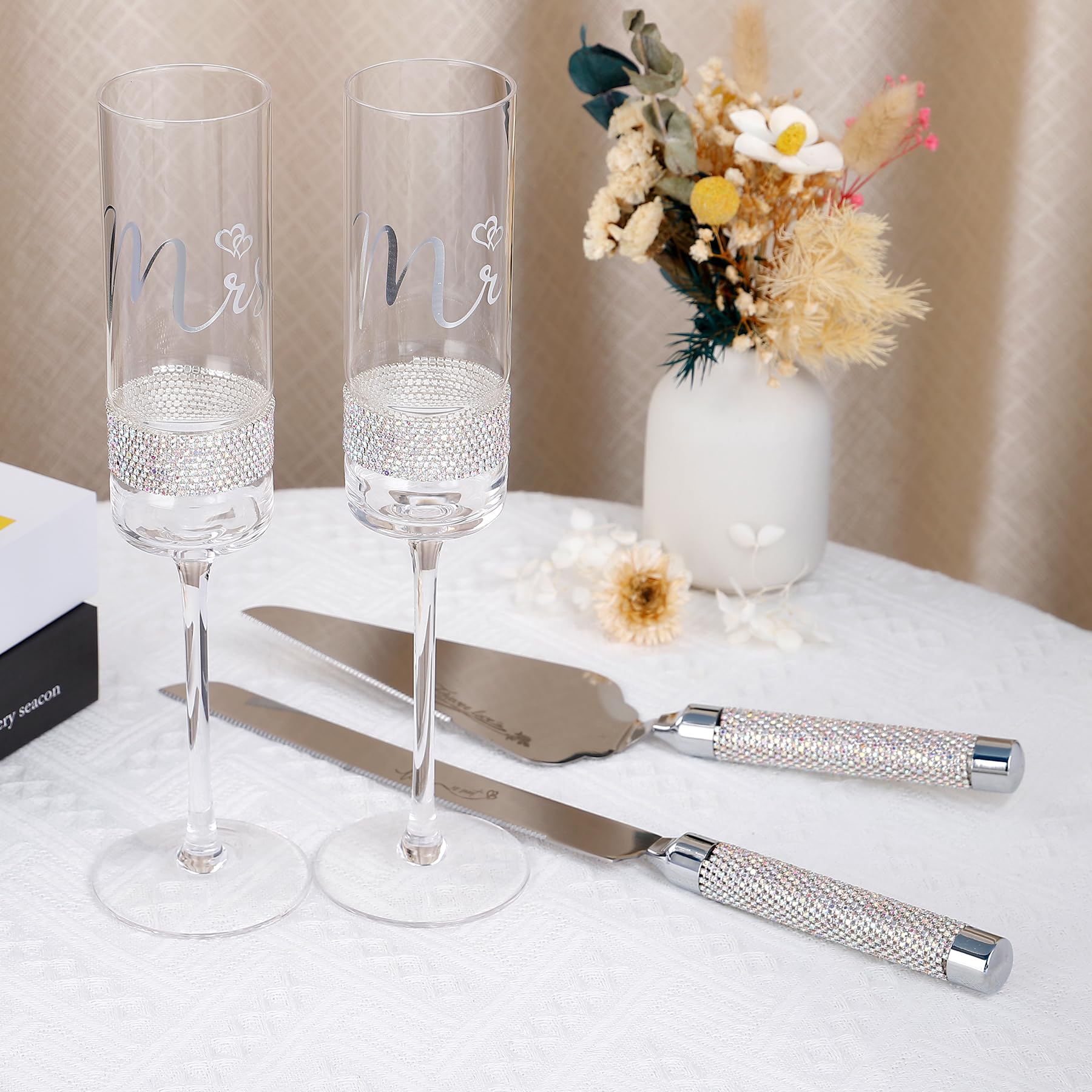 VARLKA Wedding Cake Knife and Server Set, 8oz Crystal Mr and Mrs Champagne Flutes, Wedding Glasses for Bride and Groom, Cake Cutting Set for Wedding, Engagement Gifts