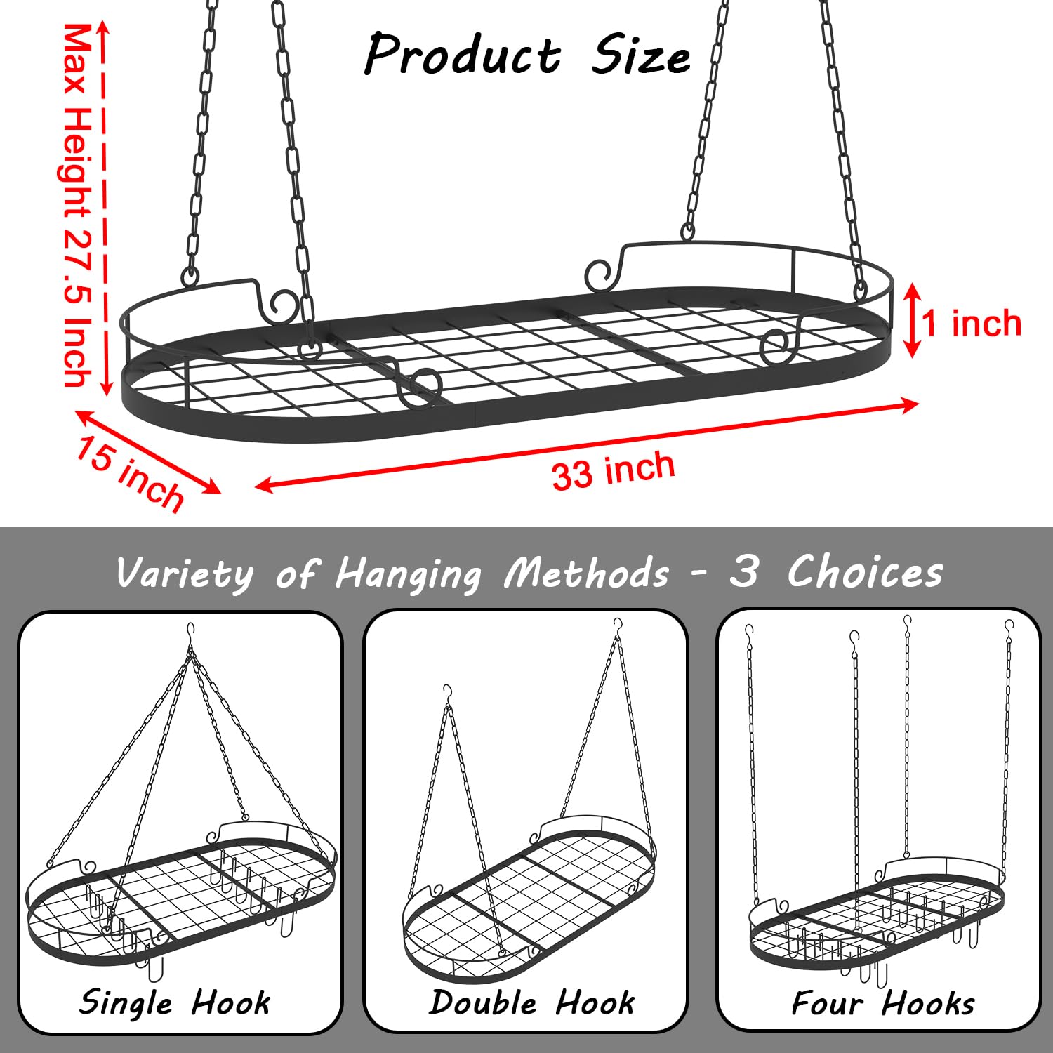 TICKCACY 33” Oval Pan Rack Hanging, Heavy Duty Ceiling Pot Rack with Hooks, Metal Pot Rack Hanging with Grid, Pot and Pan Hangers for Kitchen Cookware Utensils Toiletries, Easy Assembly, Black