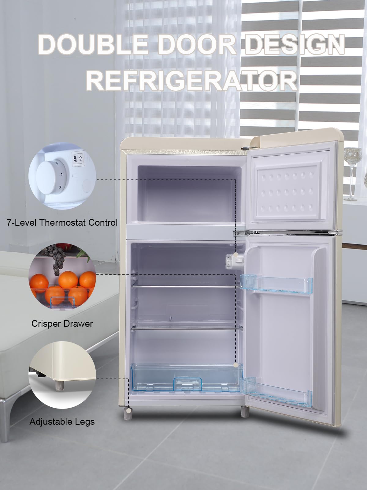 WANAI Compact Refrigerator 3.5 Cu.Ft Retro Mini Fridge With Freezer 2 Door Mini Refrigerator with 7 TEMP Modes, Removable Shelves, LED Lights, Ideal for Apartment Camper Dorm and Office, Cream