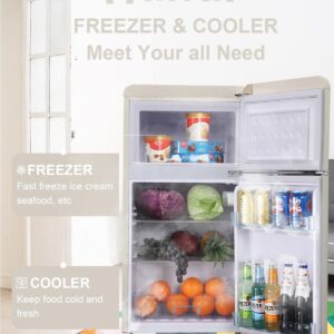 WANAI Compact Refrigerator 3.5 Cu.Ft Retro Mini Fridge With Freezer 2 Door Mini Refrigerator with 7 TEMP Modes, Removable Shelves, LED Lights, Ideal for Apartment Camper Dorm and Office, Cream