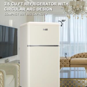 WANAI Compact Refrigerator 3.5 Cu.Ft Retro Mini Fridge With Freezer 2 Door Mini Refrigerator with 7 TEMP Modes, Removable Shelves, LED Lights, Ideal for Apartment Camper Dorm and Office, Cream